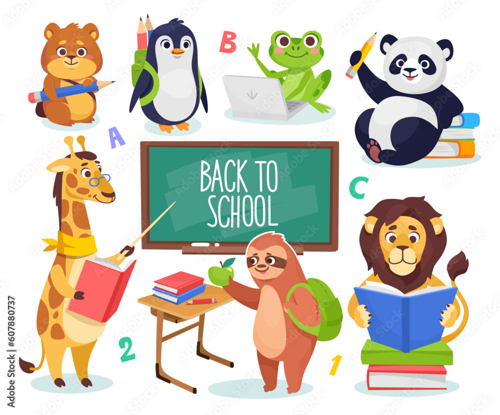 Set of cute animal schoolchildren icons isolated on white background ...