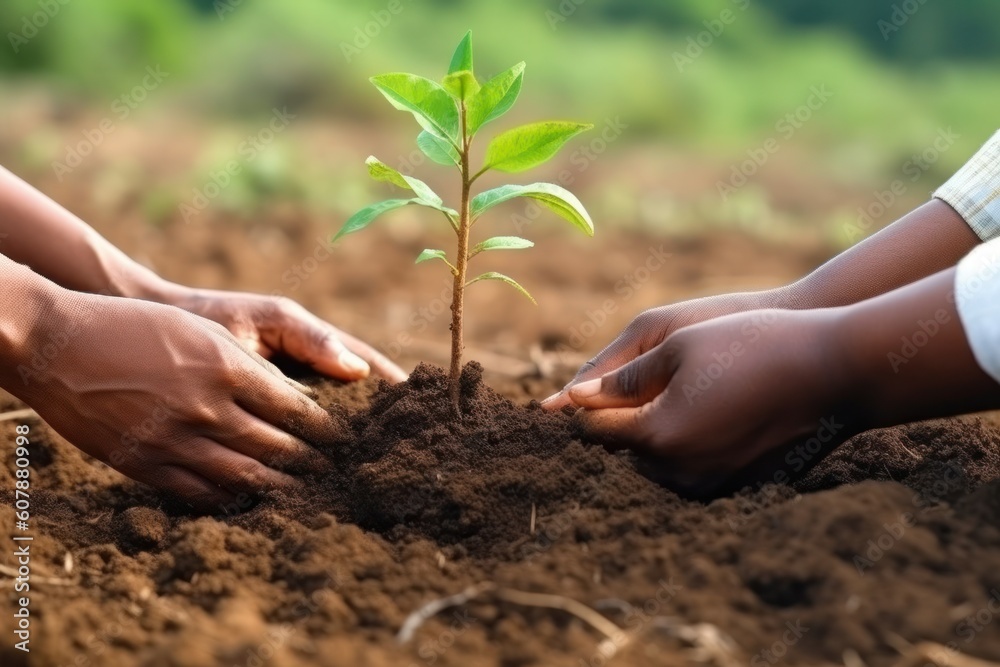 An African Women Planting planing trees in a Soil, with two different ...