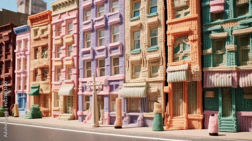 Generative AI, cute street made of crochet, houses, trees, road, cars ...