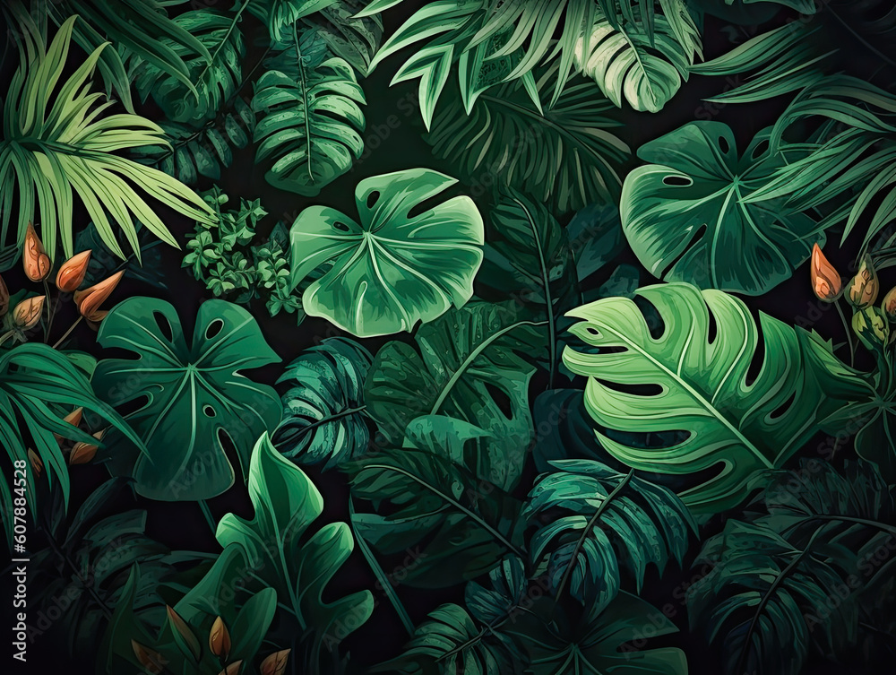 dark blue exotic fantastic portrait of turquoise palm leaves and flower ...