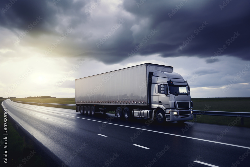 Highway scene with cargo truck transporting goods, emphasizing speed ...
