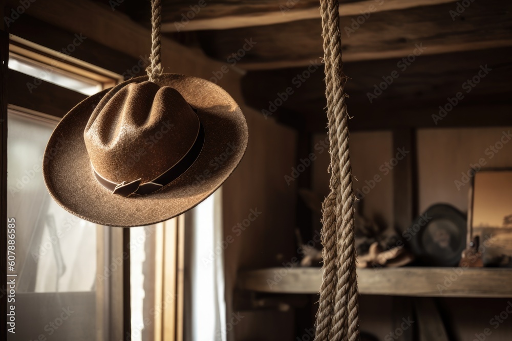 cowboy hat hanging from the ceiling with a rope attached, creating a ...
