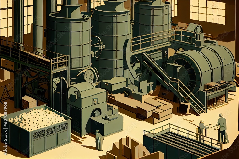 pulp and paper factory, with huge machines churning and rolling the ...