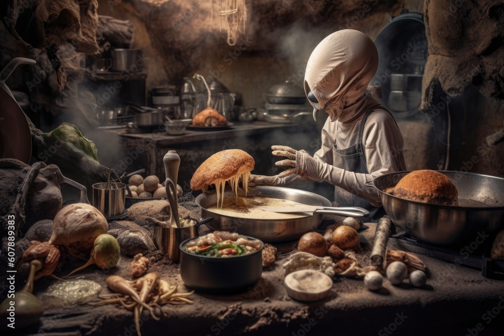 alien chef preparing gourmet meal using ingredients harvested from the ...