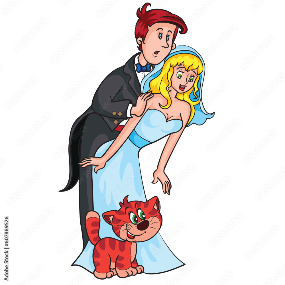 cartoon illustration, newlyweds bride and groom and their red cat ...