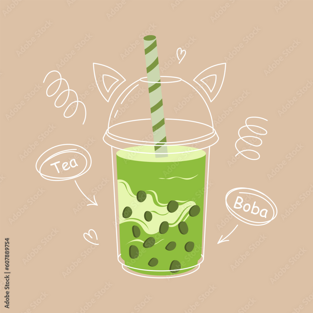 Boba tea. Asian Taiwanese drink. Hand drawn colored trendy vector ...