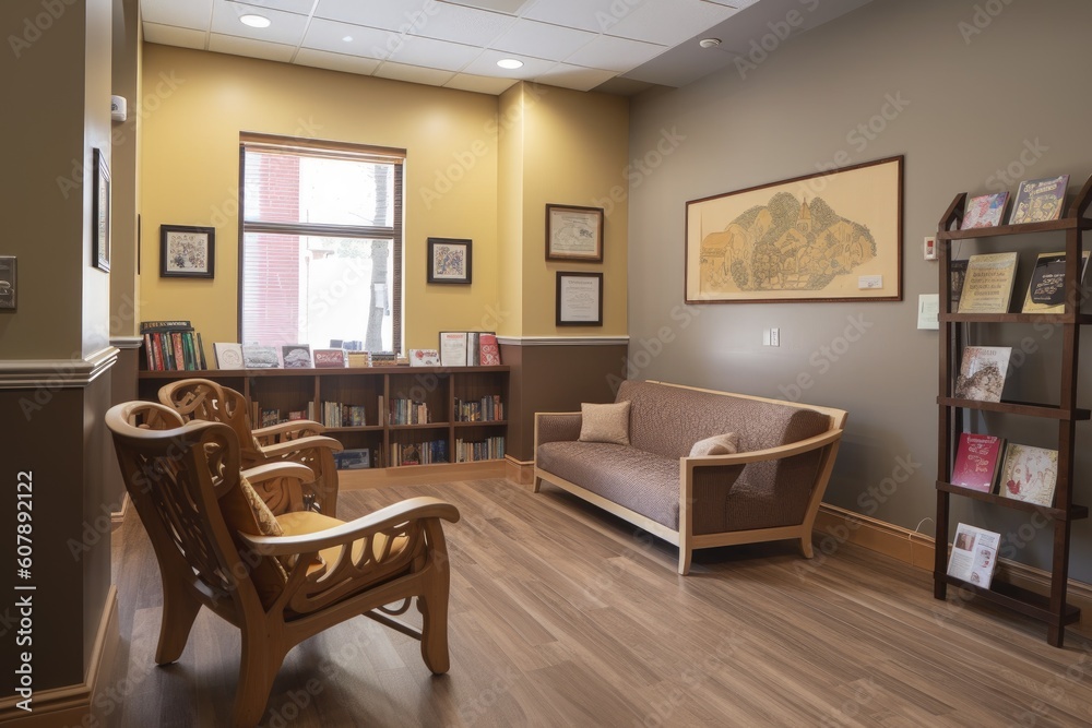 waiting room with cozy reading nook and magazines for visitors to enjoy ...