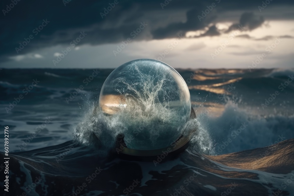 magic crystal ball floating above stormy sea, with waves and lightning ...