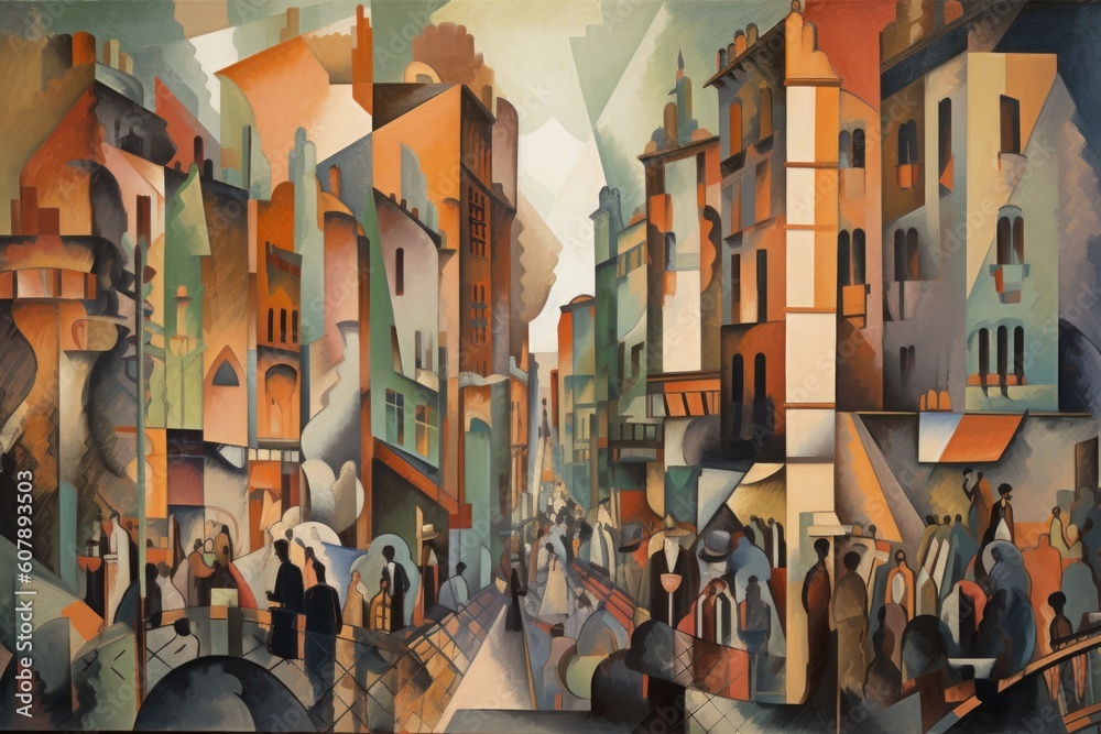 cubist painting of bustling city street, with color and texture ...