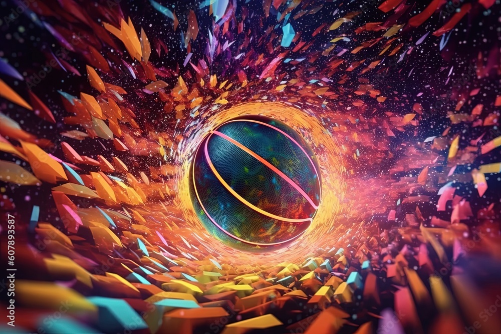 Basketball with a holographic core that shimmers with vibrant colors ...