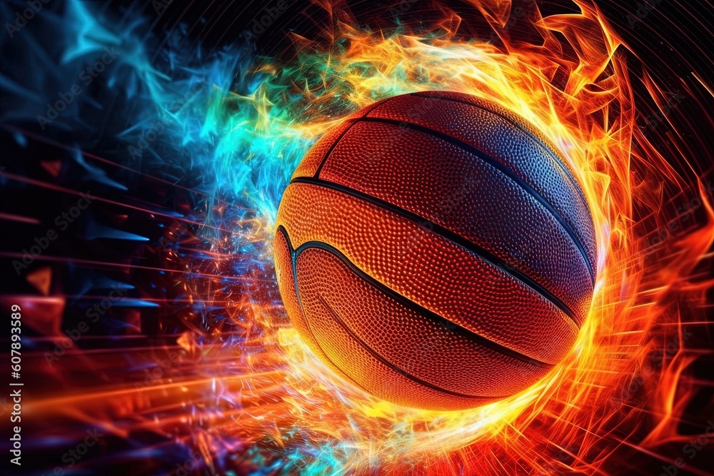 Basketball with a holographic core that shimmers with vibrant colors ...