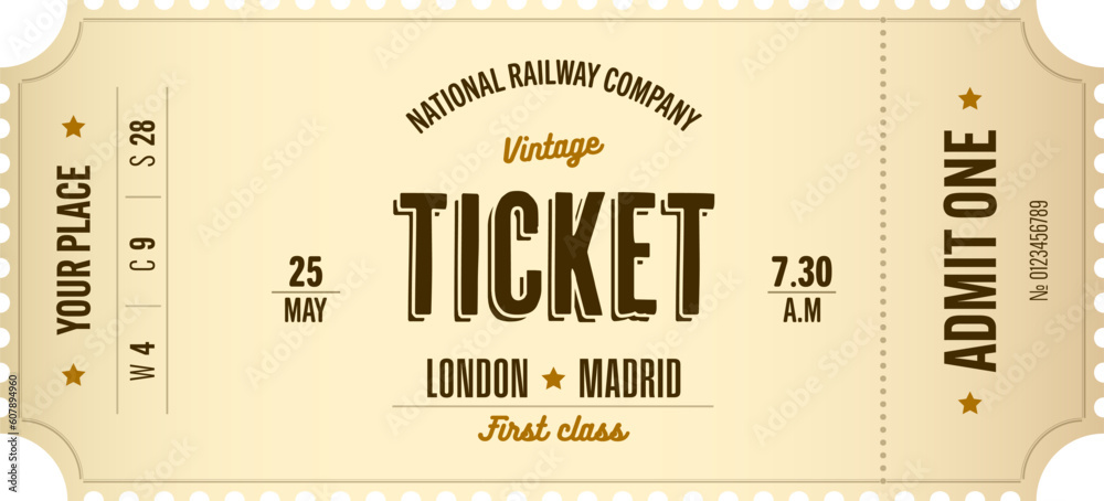 Train vintage ticket template on light background. For excursion routes ...