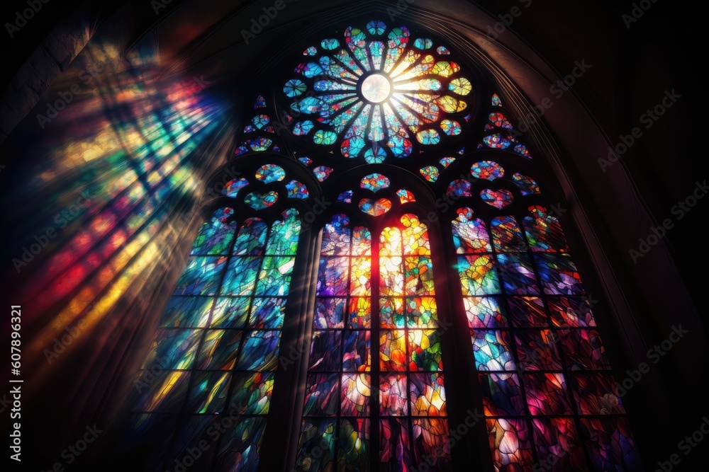light shining through a stained glass window, creating dazzling display ...