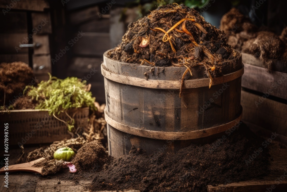 composter with worms, breaking down organic matter, created with ...