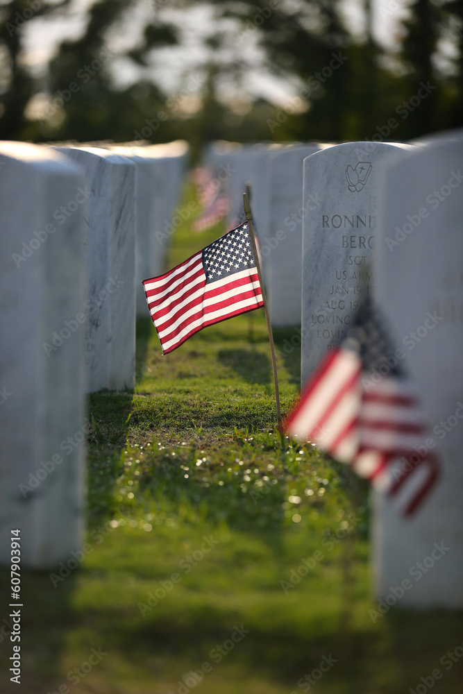 American flag near headstone at national cemetery with sunlight shining ...