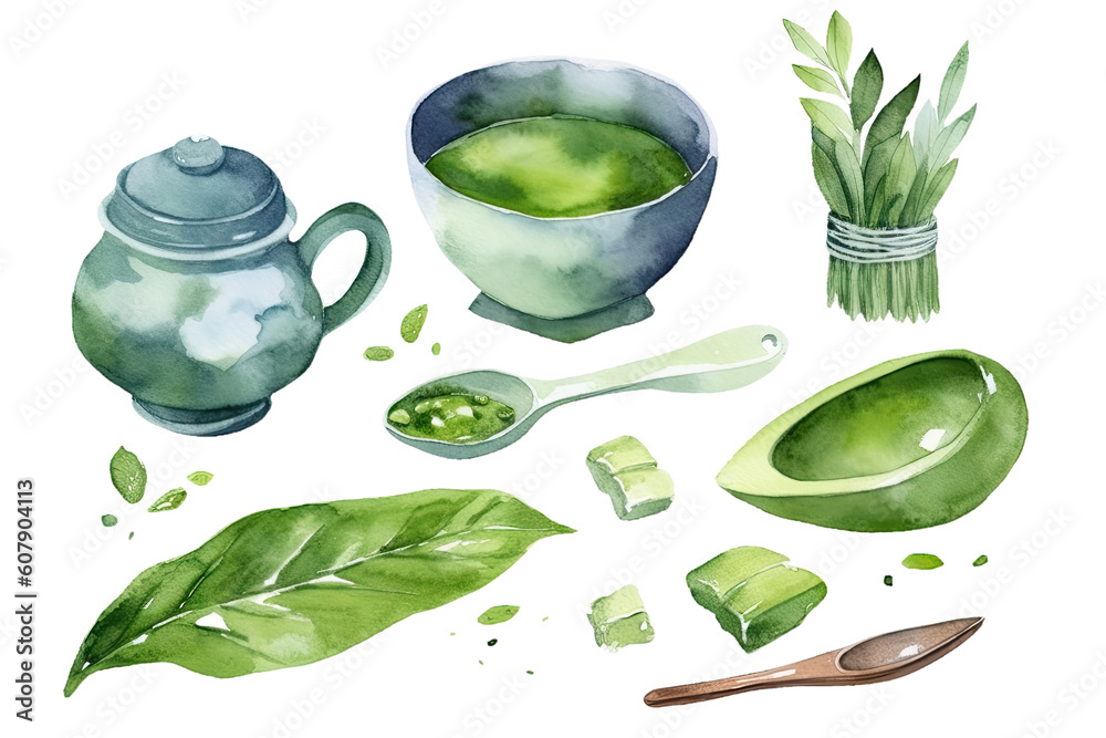 Watercolor Matcha Green tea elements menu objects isolated on clear png ...