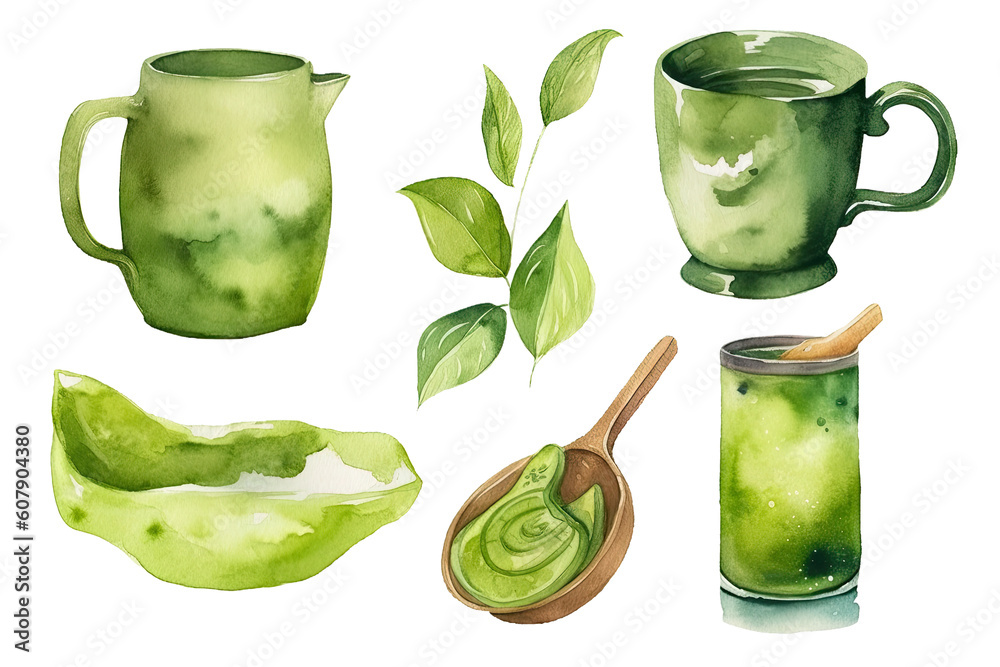 Watercolor Matcha Green tea elements menu objects isolated on clear png ...