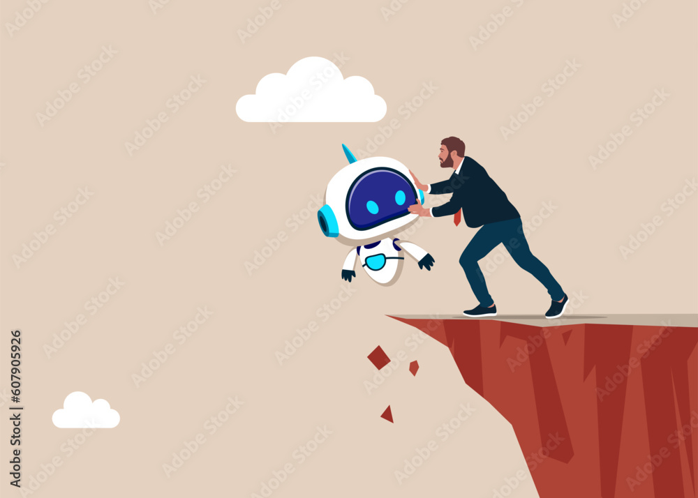 Businessman push a robot to throw it down off a cliff. Misunderstanding ...