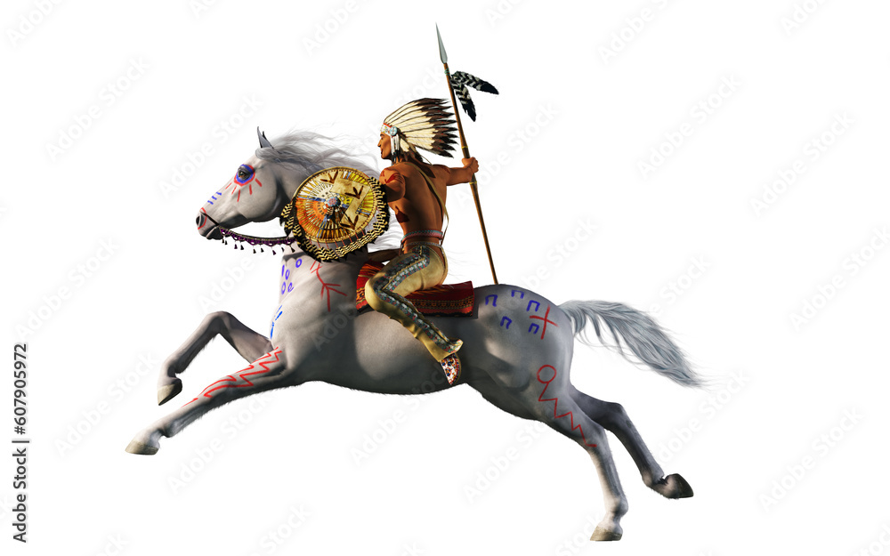 A war chief wearing a headdress and carrying a spear and shield rides a ...
