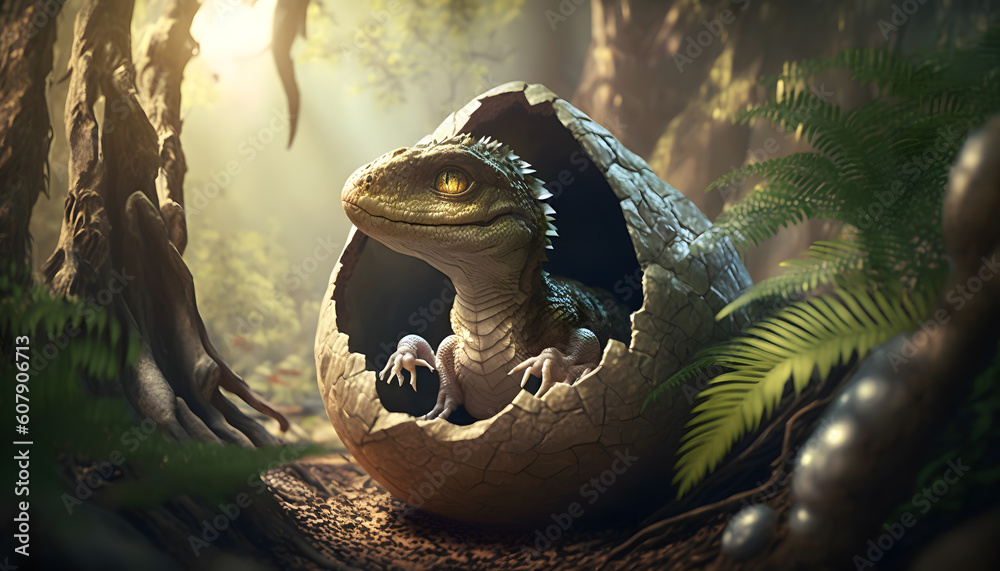 Young dinosaur T Rex hatches from an egg in forest in habitat, Jurassic ...