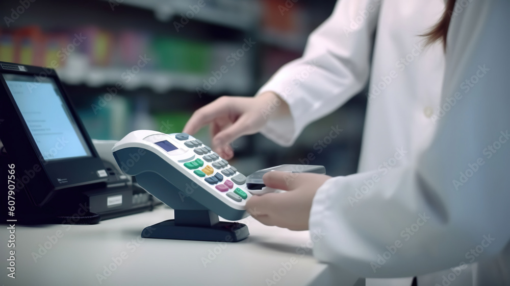 Pharmacy Drugstore Checkout Cashier Counter, Pharmacist and a Customer ...