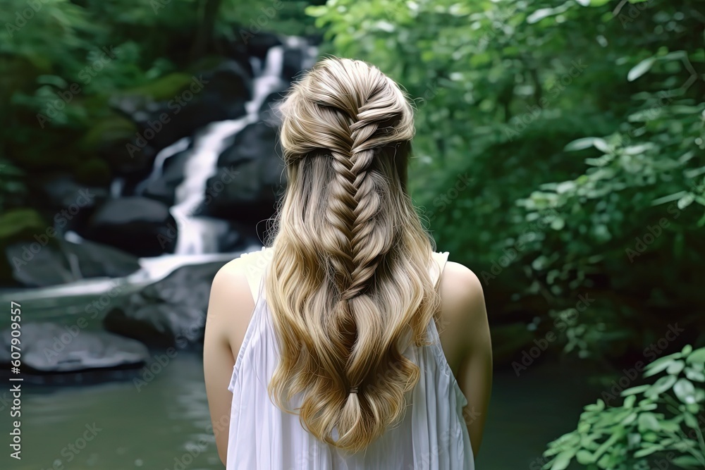 back portrait of beautiful pretty woman wearing vintage gawn with braid ...