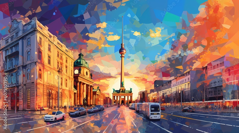 The sun illuminates Berlin's bustling streets, casting a warm glow on ...