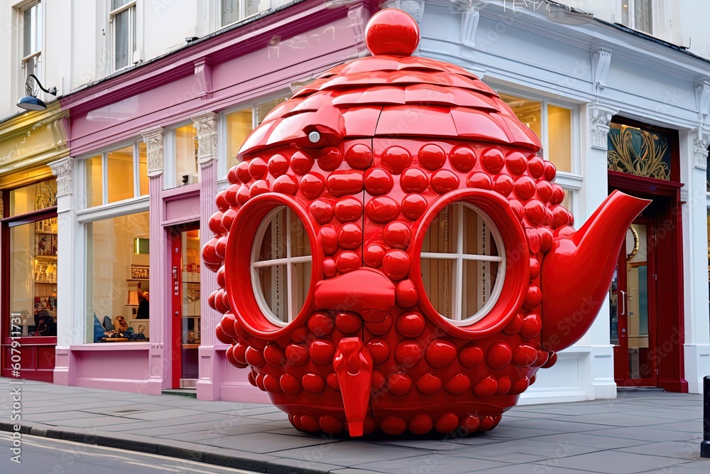 big red kettle tiny house in town, Generative Ai Stock Illustration ...