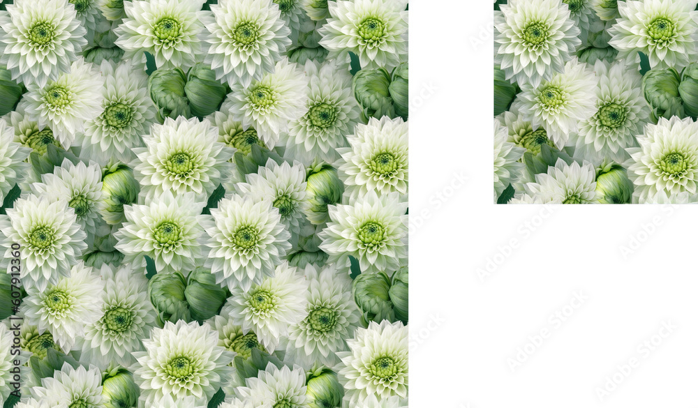 Repetitive tile dahlia in white and green, 2x2 to see the repetition ...