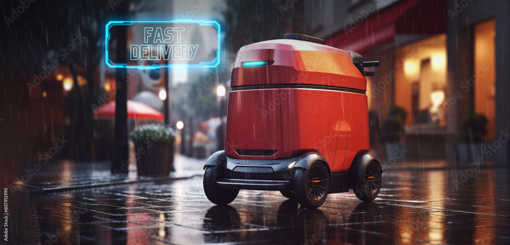 Modern fast delivery robot delivering packages around the city ...