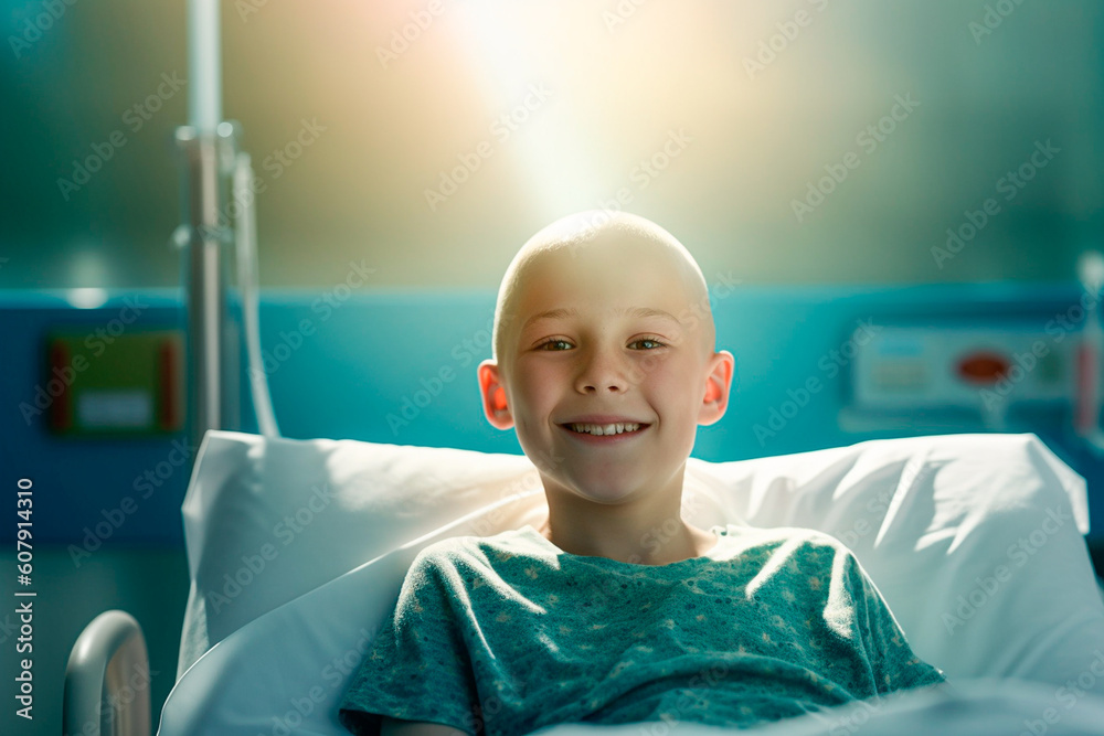 Bald boy smiling in cancer hospital bed Stock Illustration | Adobe Stock