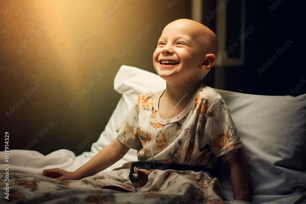 Bald boy smiling in cancer hospital bed Stock Illustration | Adobe Stock