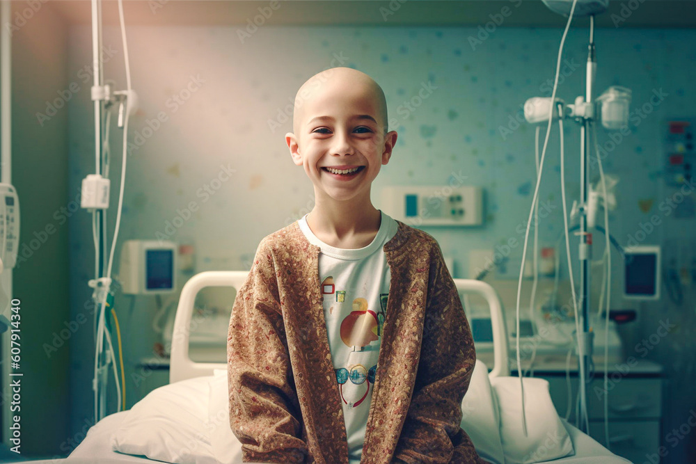 Bald boy smiling in cancer hospital bed Stock Illustration | Adobe Stock