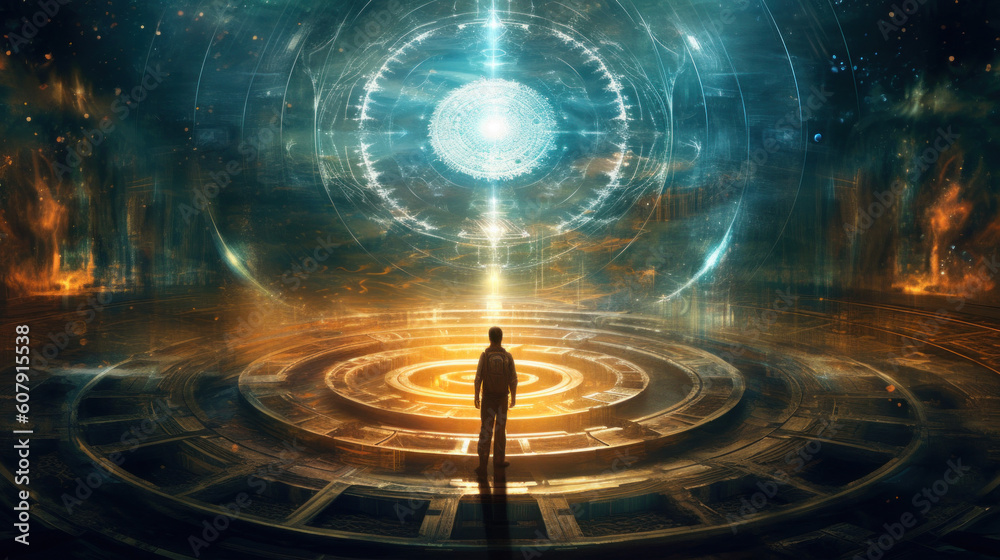 Silhouetted person standing on a disc with spiritual or fantastical ...