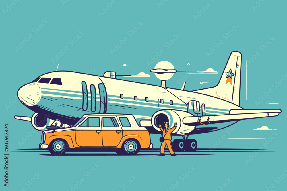 Vetor de Doodle inspired Pilot refueling the aircraft, cartoon sticker ...