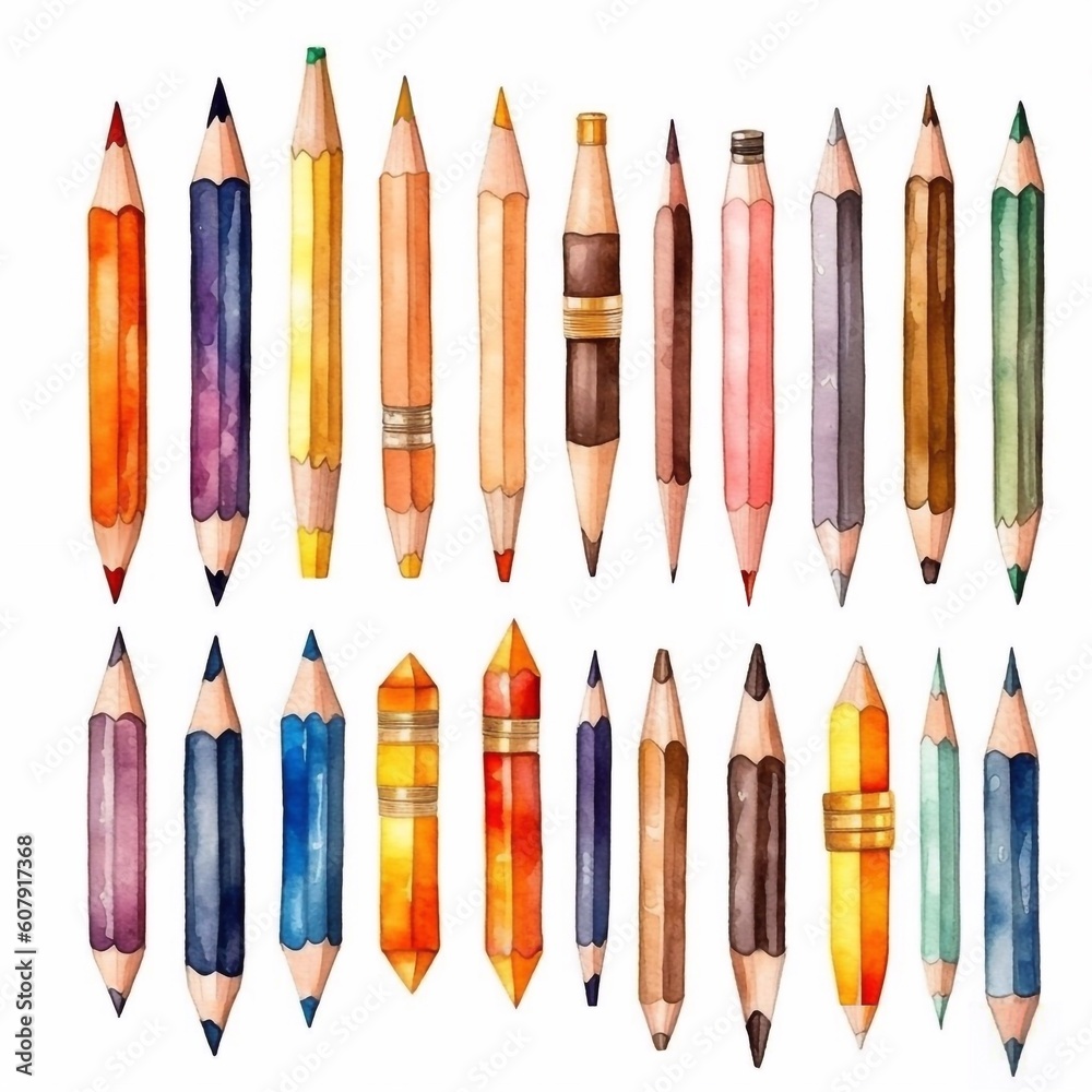 Stylized set of multi-colored pencils watercolor illustration isolated ...