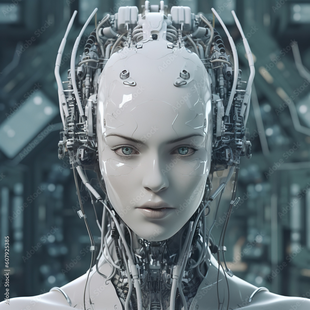 Artificial intelligence in humanoid head with neural network thinks. AI with Digital Brain is ...