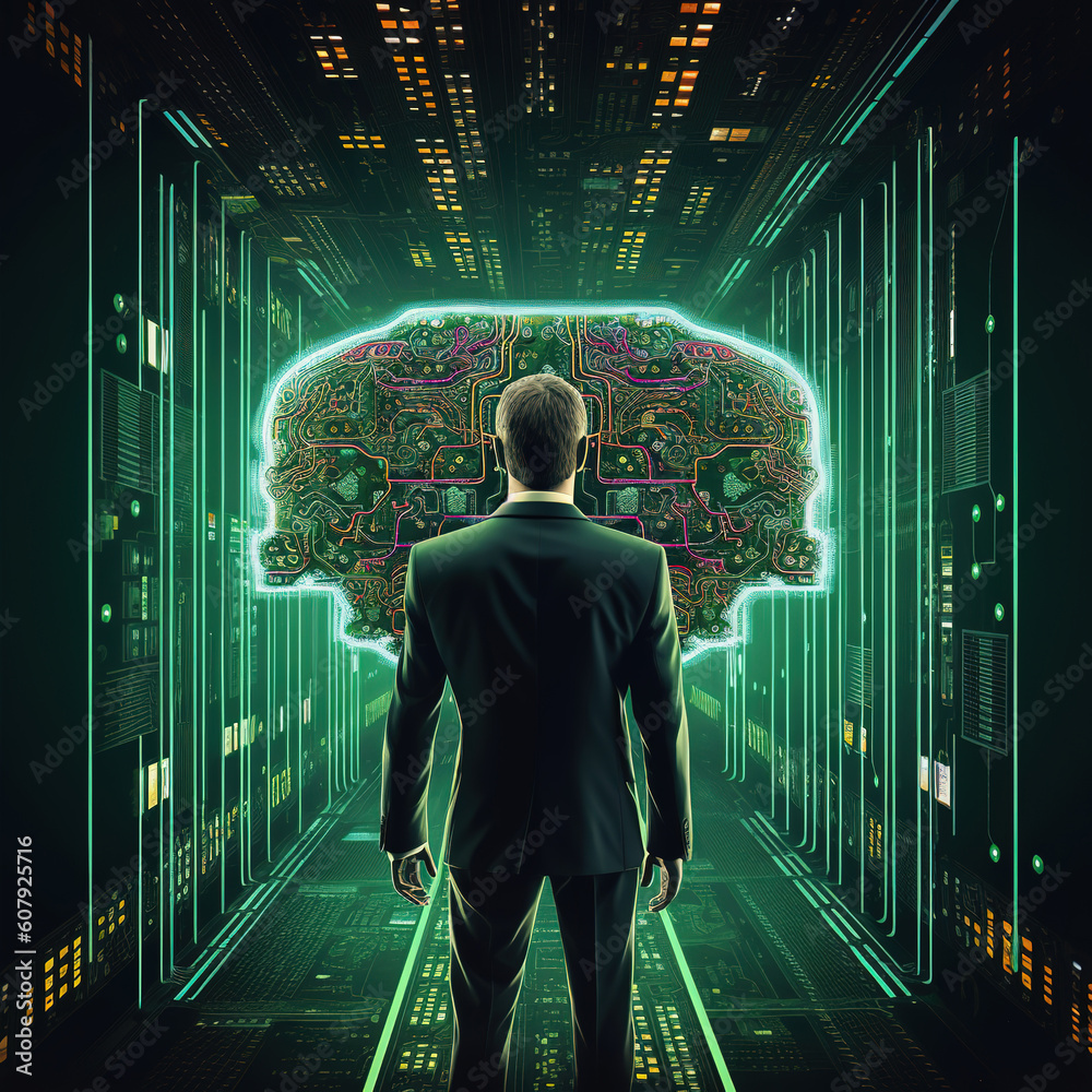 Brain with printed circuit board PCB design and businessman ...