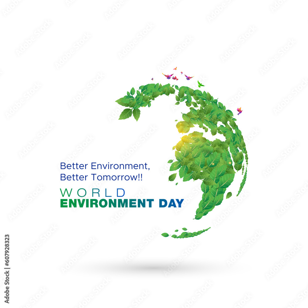 5th june World Environment Day On White Background. 3D green leaf globe ...