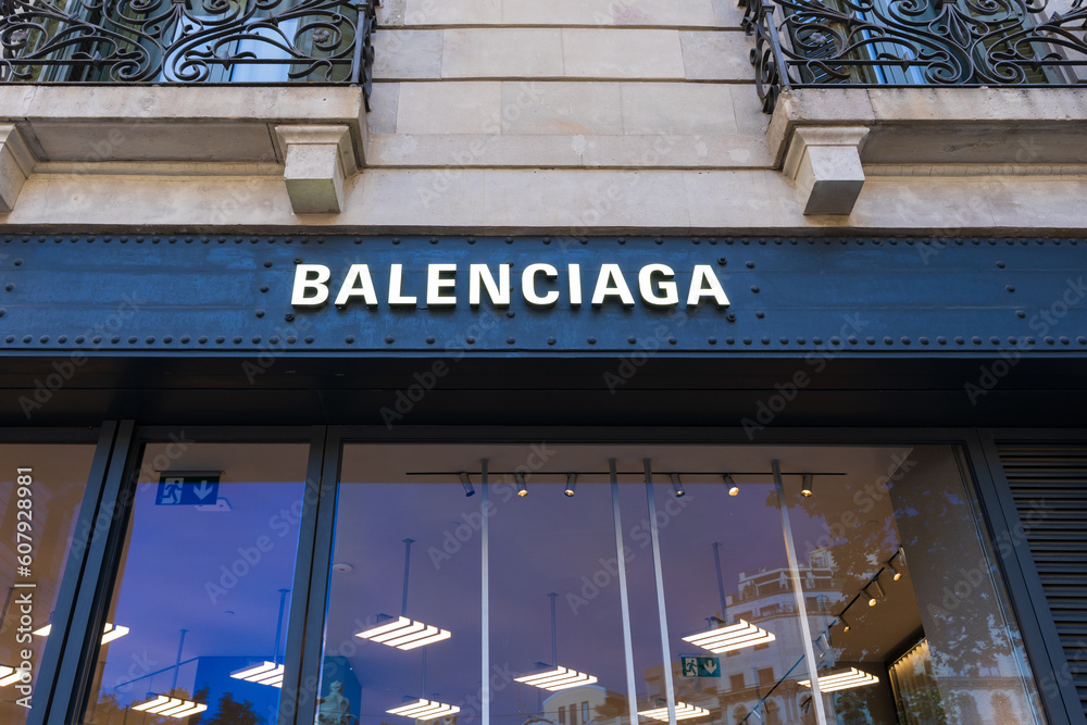 Spain, Barcelona - May 3, 2023: Balenciaga brand sign above the shop ...