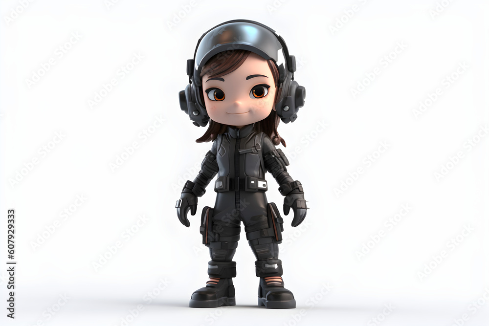 Cute girl wearing techwear on a white background. Adorable chibi 3d ...