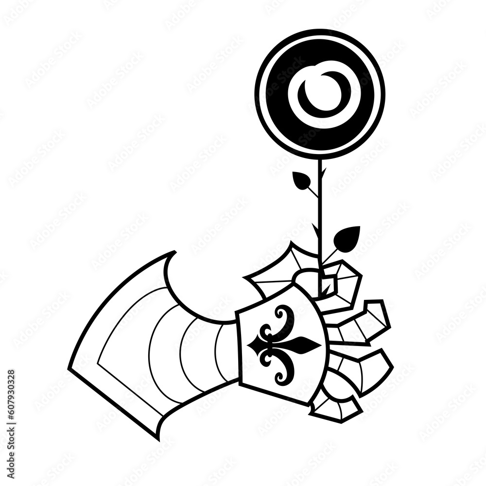 Iron knights gauntlet holding a rose. Black and white, flat symbol ...