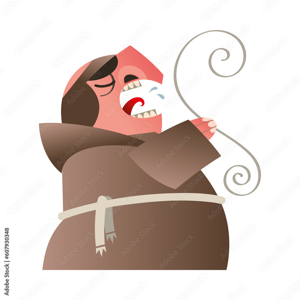 Monk reading a scroll, funny cartoon character. Isolated, white ...
