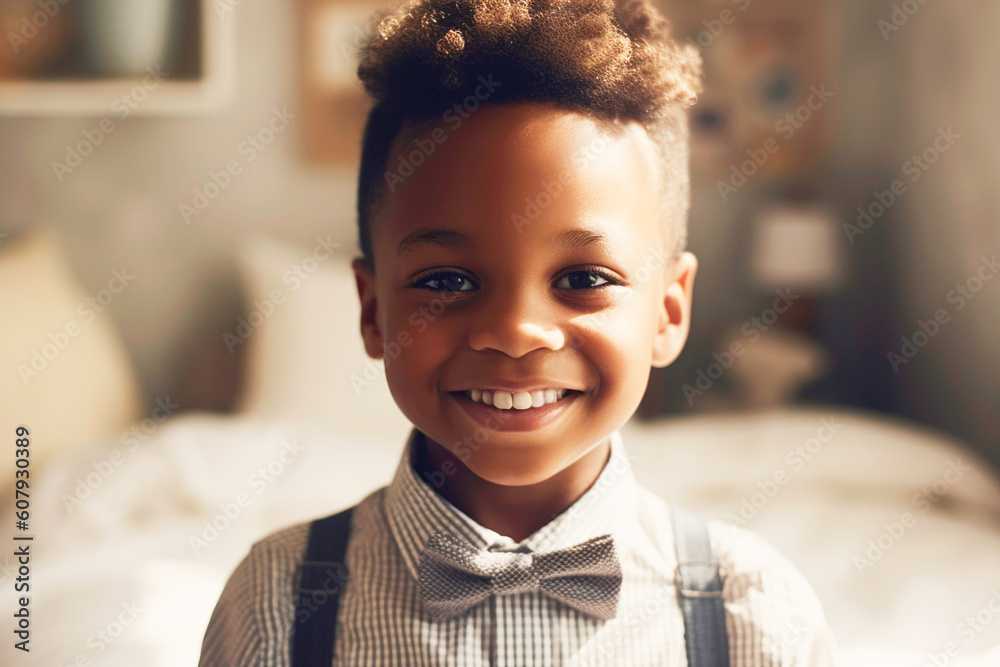 Portrait of little Black kid in his room smiling. Generative AI. Stock ...