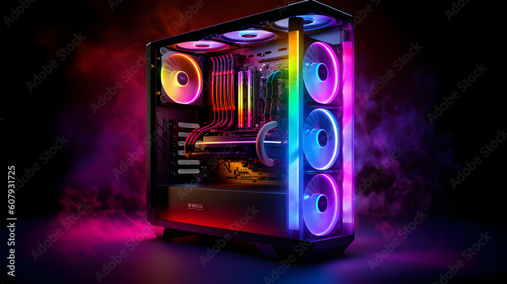 High-performance gaming PC, showcasing its vibrant RGB lighting, liquid ...
