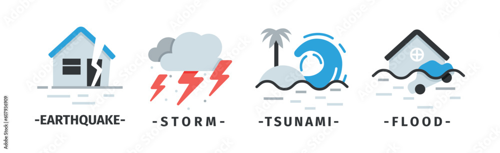Poster Natural Disaster Icons with Earthquake, Storm, Tsunami and Flood ...
