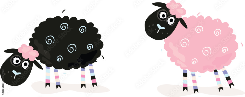 Black and pink sheeps. Vector Illustration of funny sheeps. In 2 color ...