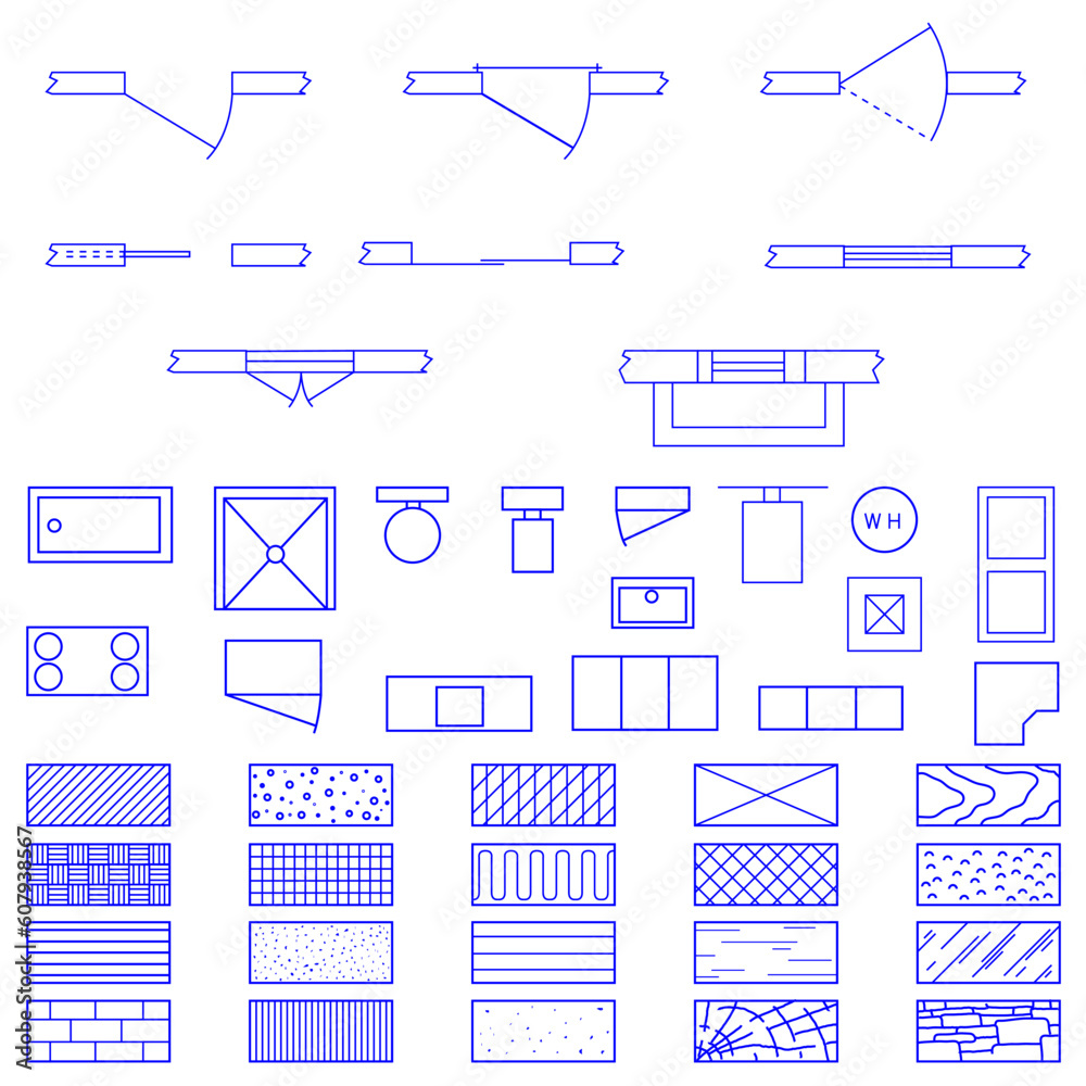 Complete set of blueprint icons and symbols used by architects and ...