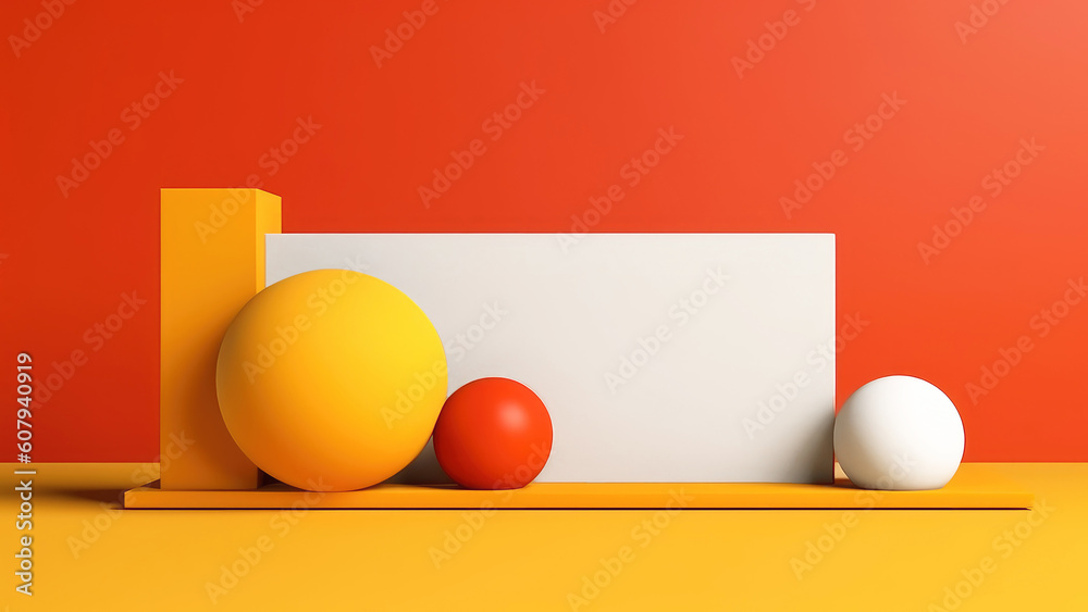 Background 3d render scene with white rectangle, podium, yellow and red ...