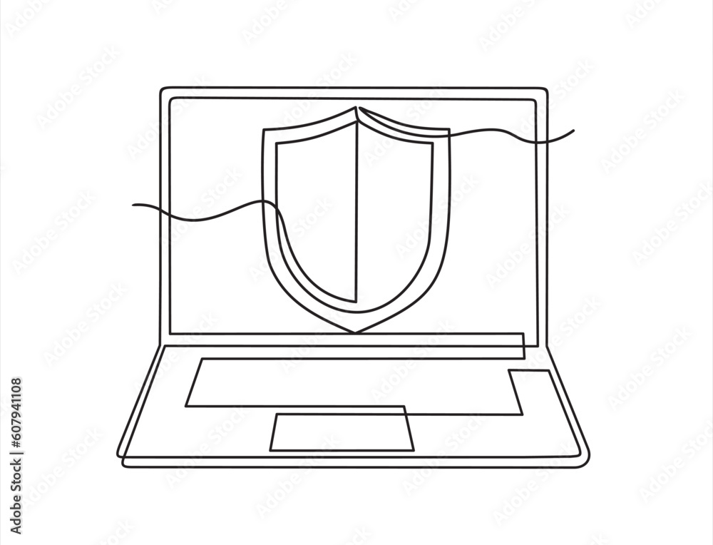 Continuous one line drawing of guard shield on screen laptop. Can used ...